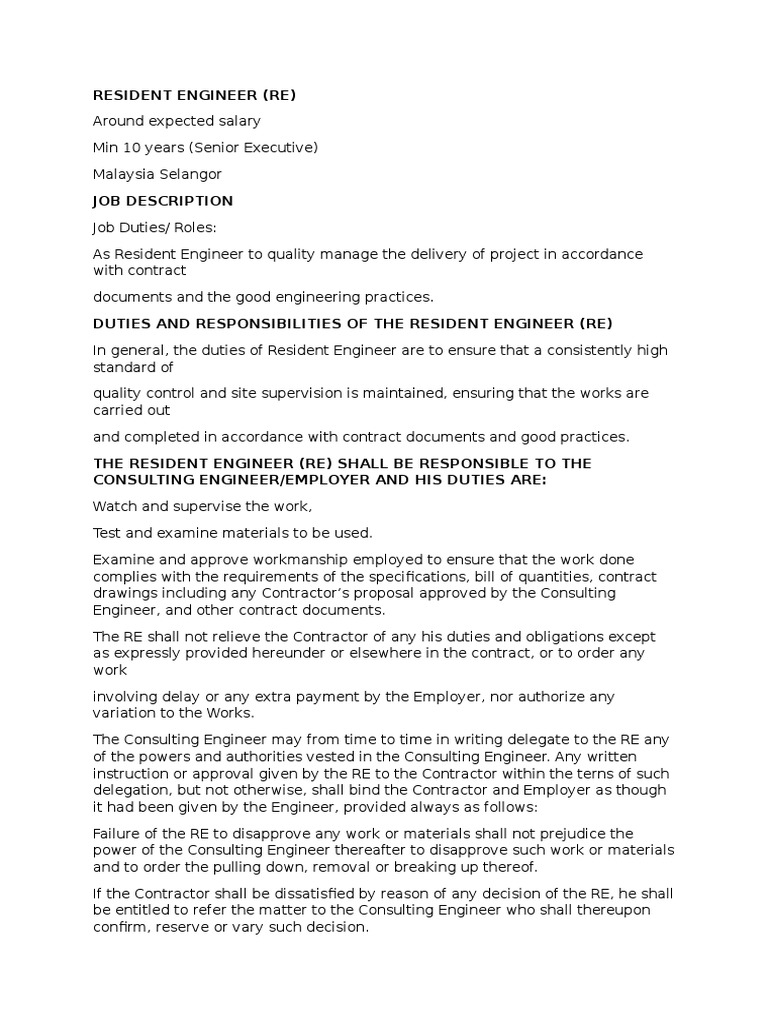 Resident Engineer | PDF | General Contractor | Engineer