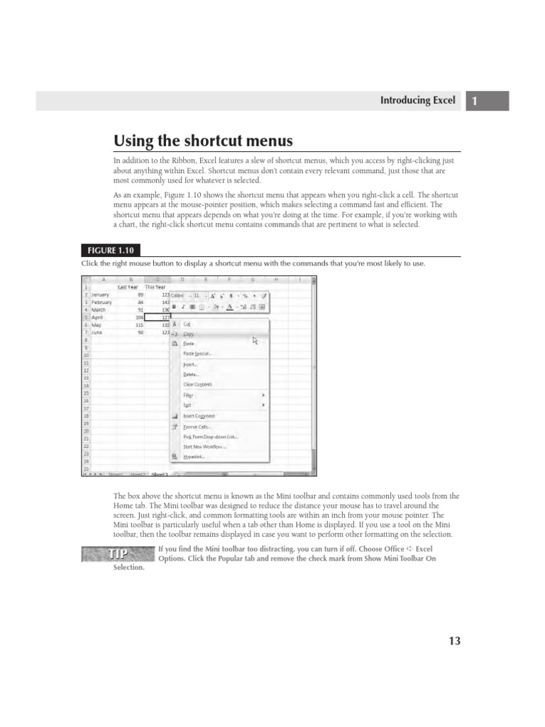 Using The Shortcut Menus: Introducing Excel | PDF | Menu (Computing) | Microsoft Excel