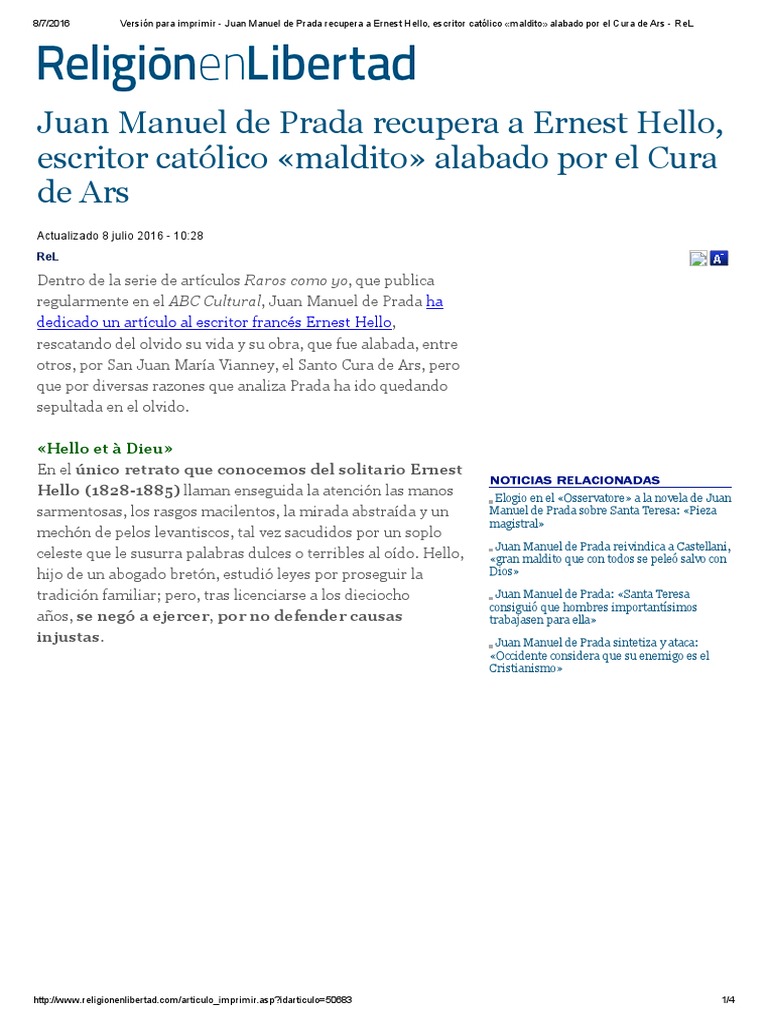 Ernest Hello, Escritor Católico Maldito Alabado Por El Cura de Ars - ReL | PDF | Santo ...