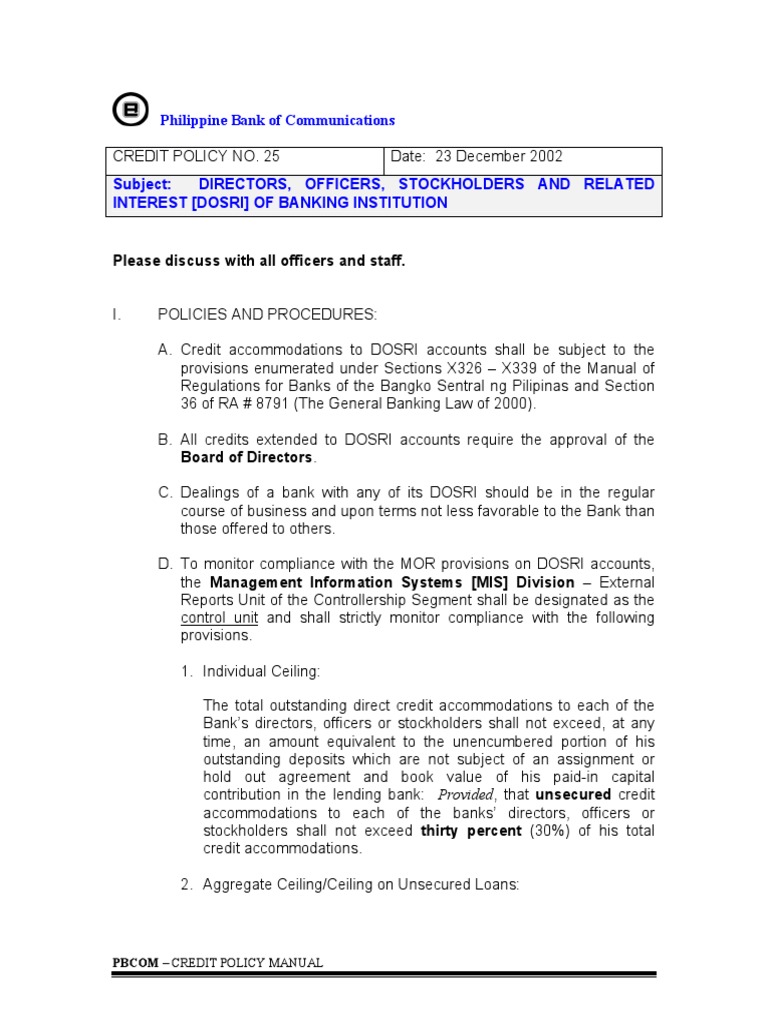 Credit Policy 25 DOSRI of Banking Institution | PDF | Business | Law