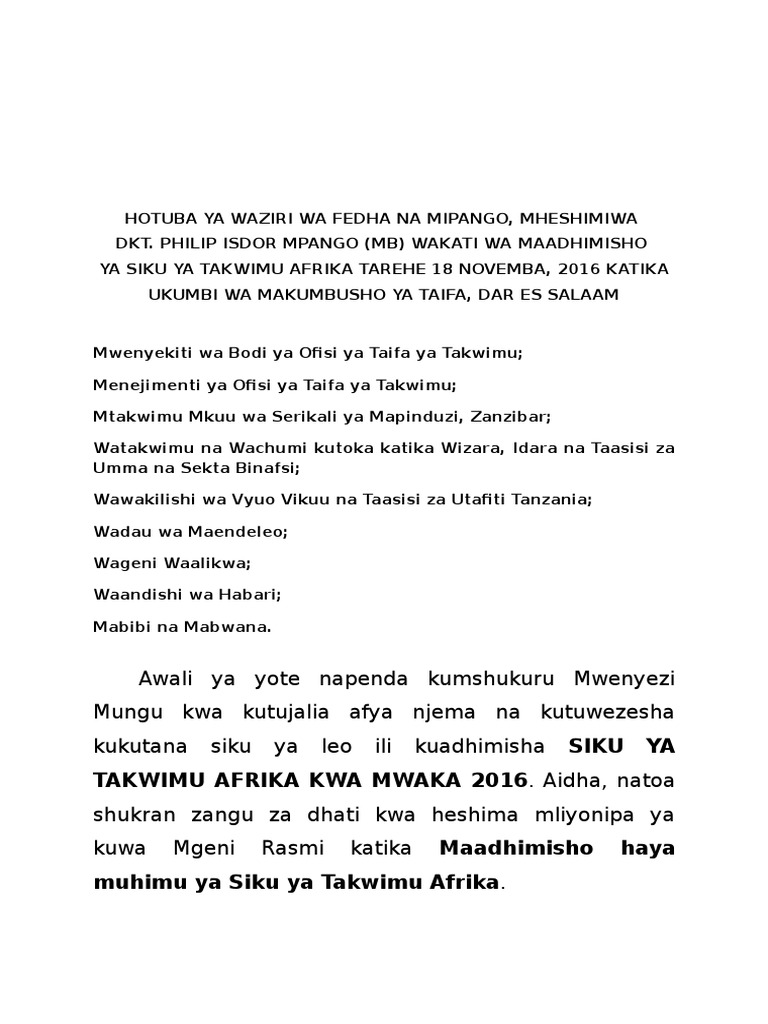 Hotuba Ya Mgeni Rasmi Iliyosomwa Na DKT - Kigwangala | PDF