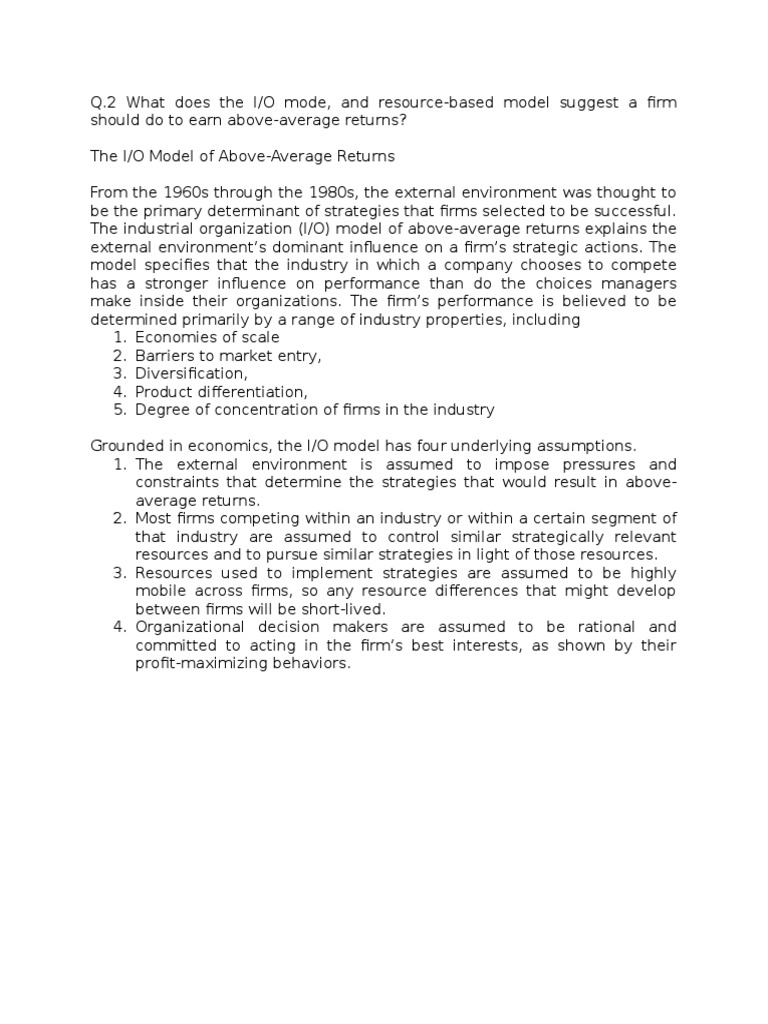 I/O vs. Resource-Based Models Explained | PDF | Competition | Strategic ...