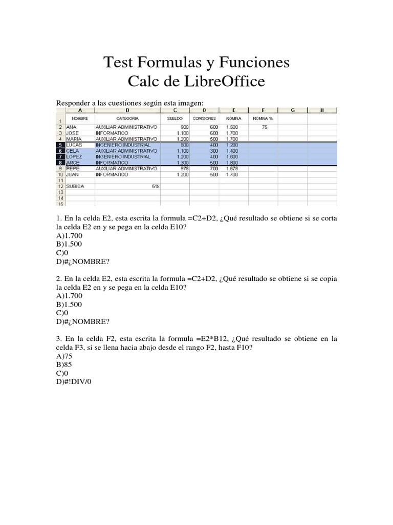 Test Formulas y Funciones en Calc de LibreOffice | PDF | Hoja de ...