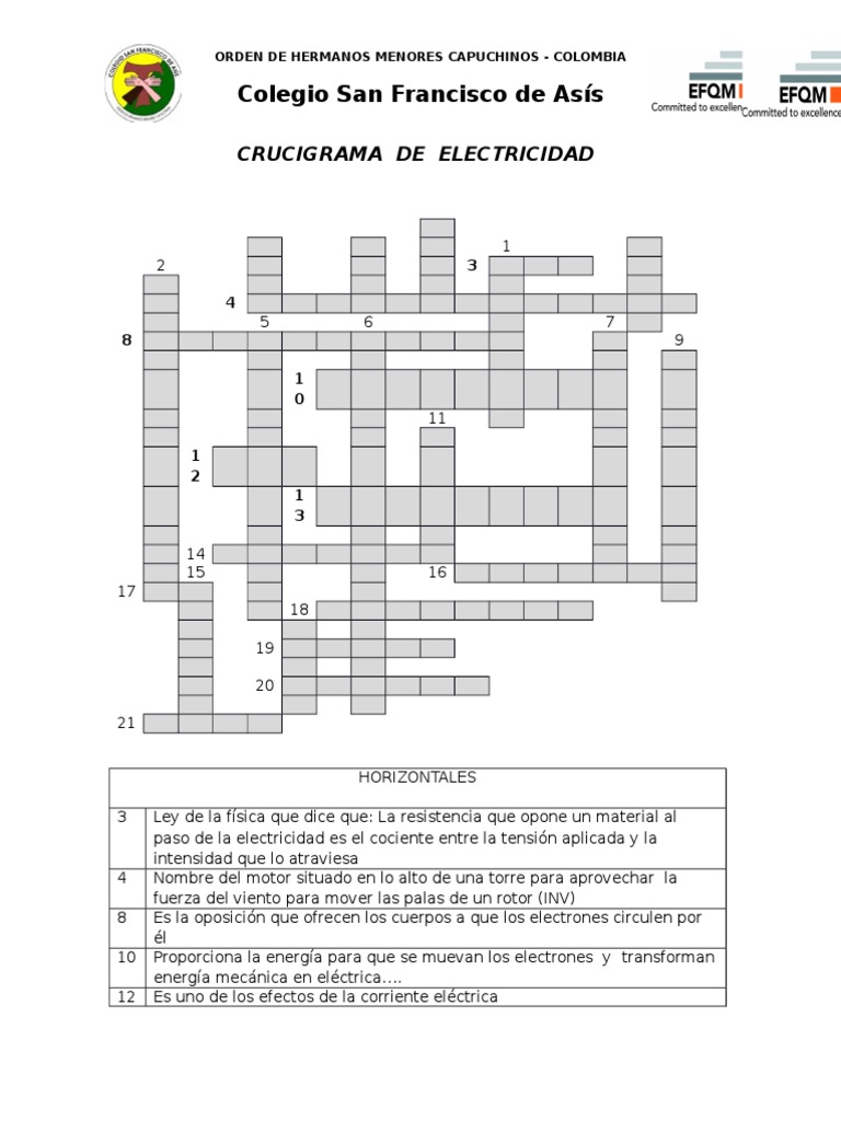 CRUCIGRAMA+ELECTRICIDAD+11 | Corriente eléctrica | Resistencia Eléctrica y Conductancia