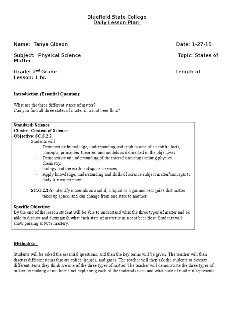 States of Matter Lesson Plan | PDF | Lesson Plan | Matter