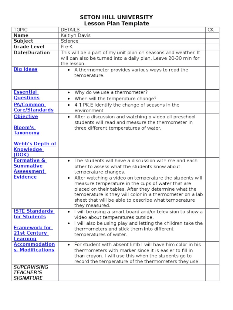 Lesson Plan Template Temperature | PDF | Thermometer | Lesson Plan