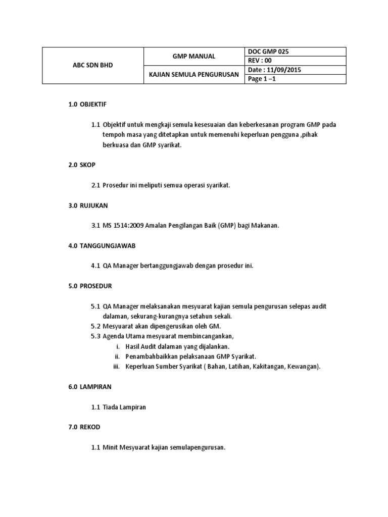 GMP Manual - Kajian Semula Pengurusan | PDF