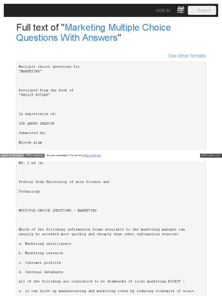 Marketing MCQs with Answers Guide | PDF | Sales | Marketing