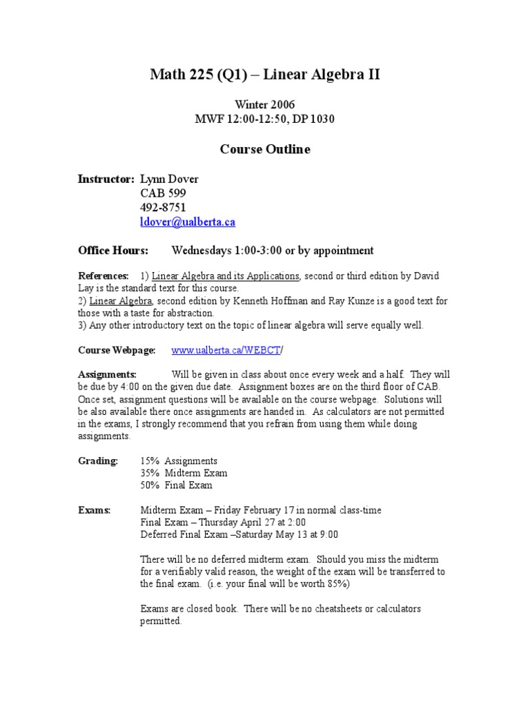 Math 225 Q1 Linear Algebra Ii Course Outline Pdf Linear