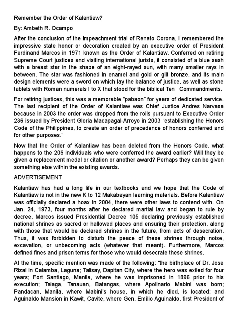 Remember The Order of Kalantiaw | PDF | Philippines | Government