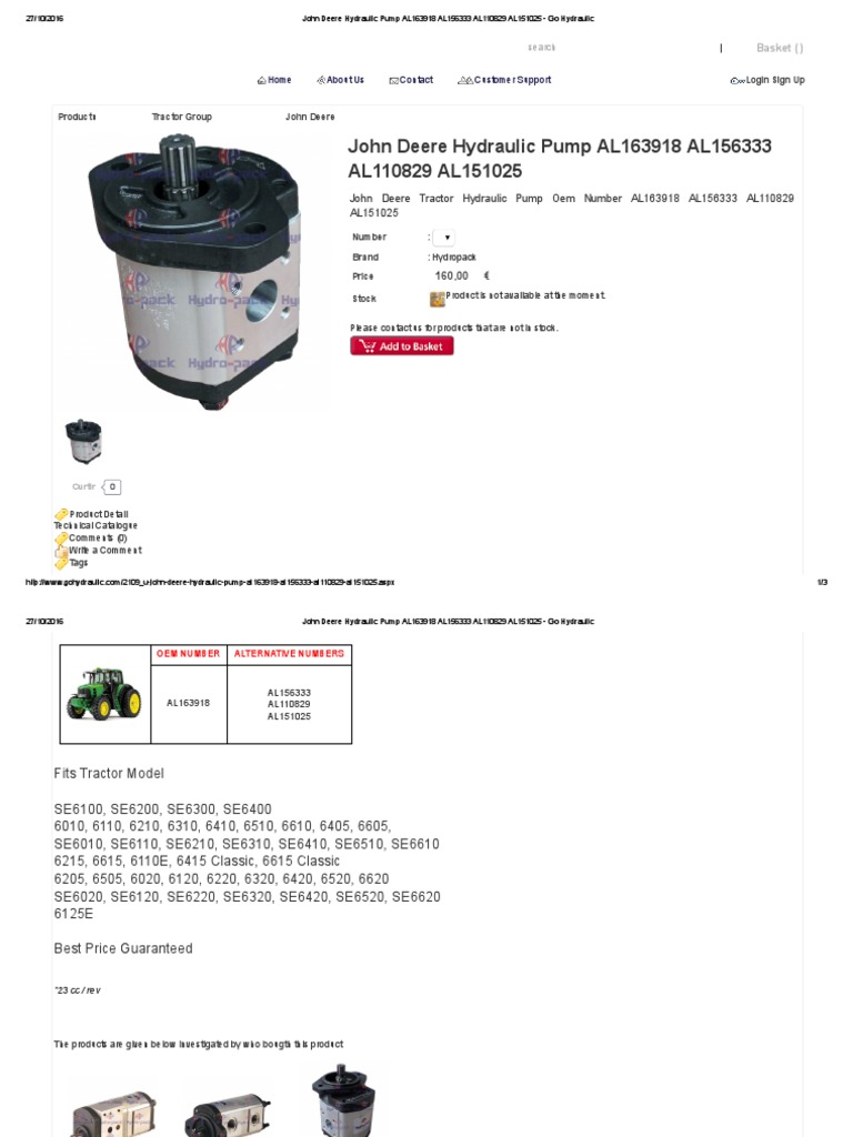 John Deere Hydraulic Pump AL163918 AL156333 AL110829 AL151025 - Go ...