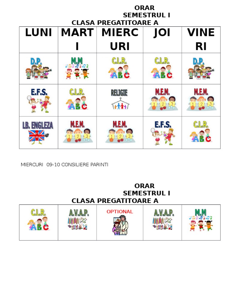 Orar Clasa Pregatitoare