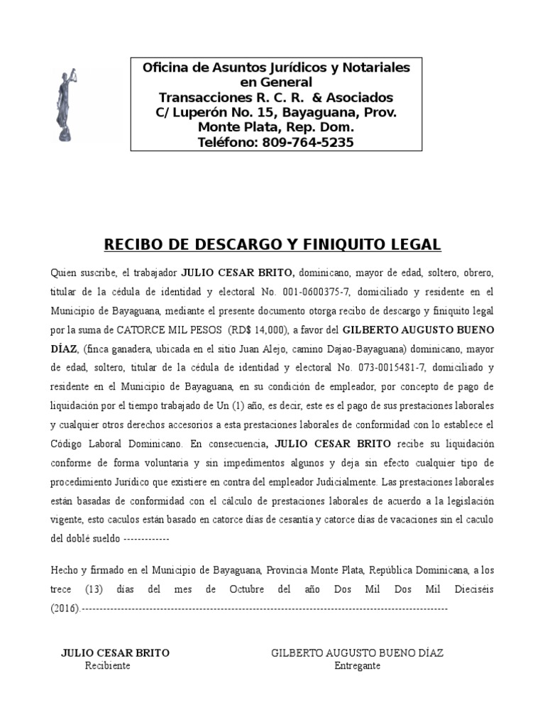 Recibo de Descargo y Finiquito Legal | PDF