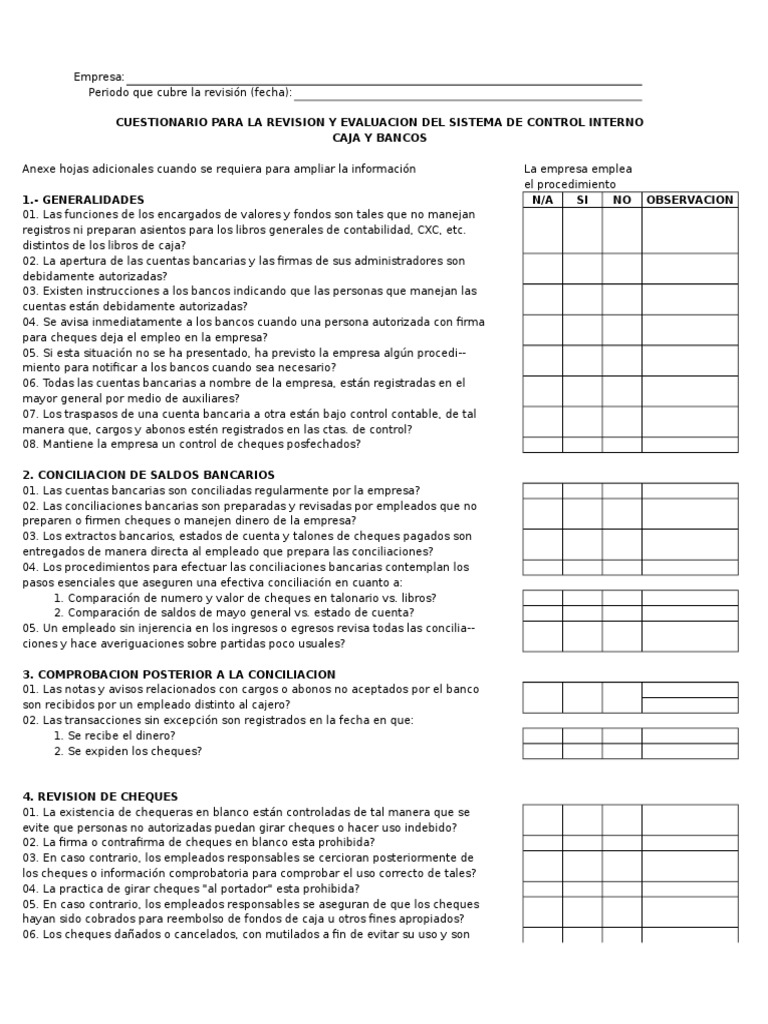 2 - Caja y Bancos (Cuestionario de Control Interno) | PDF | Cheque | Bancos