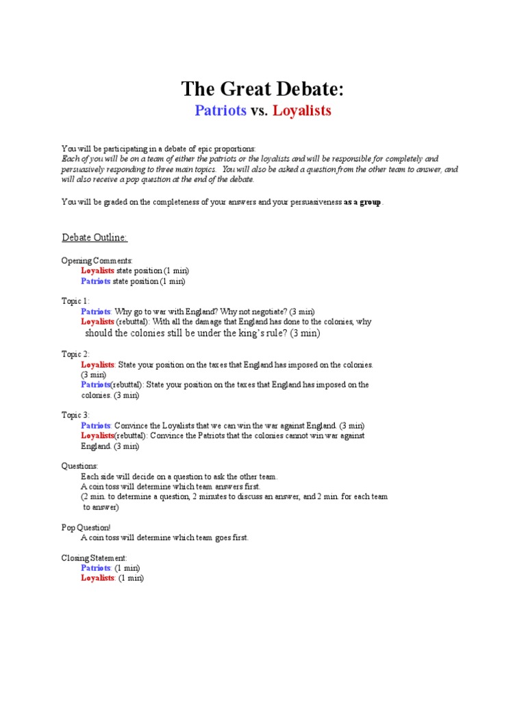 The Great Debate Patriot Vs Loyalist | PDF | United Kingdom–United ...