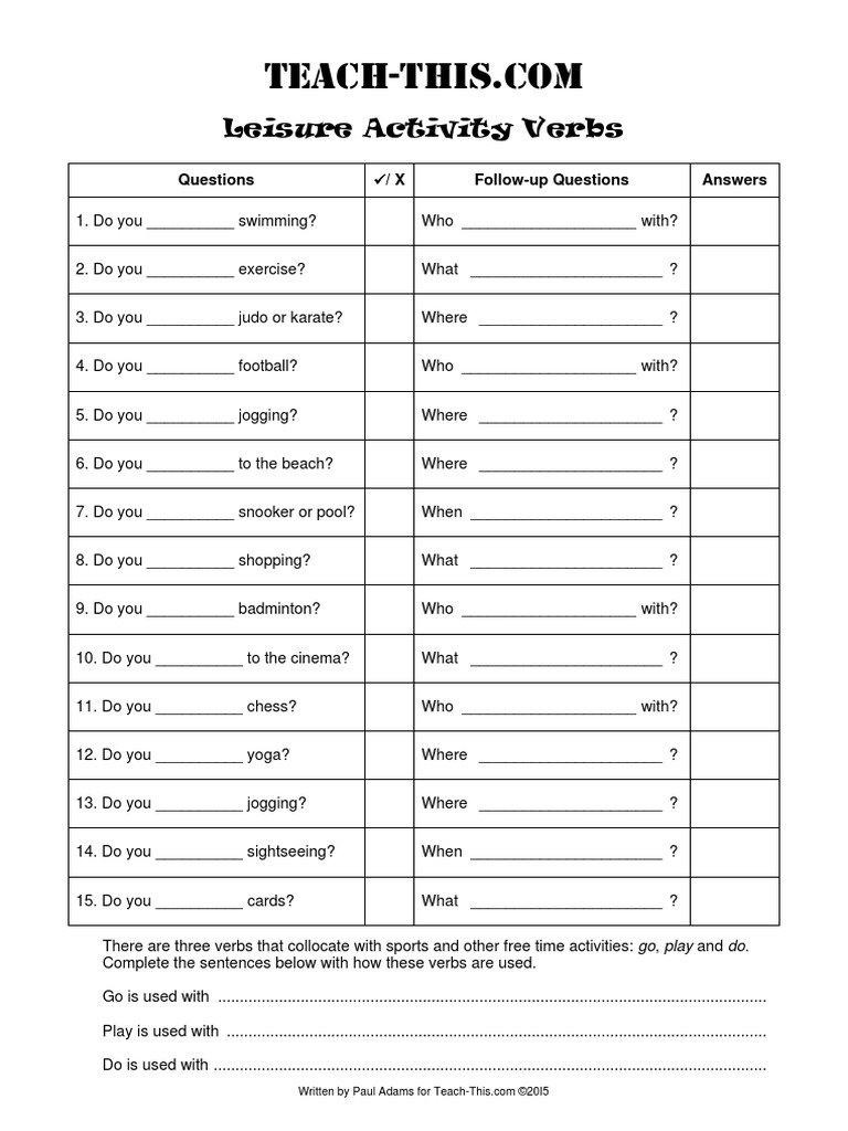 Leisure Activity Verbs: Questions Follow-Up Questions Answers | PDF