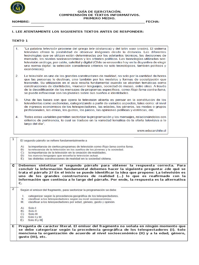Guia Comprension Textos Informativos Primero | PDF | Lectura (proceso ...