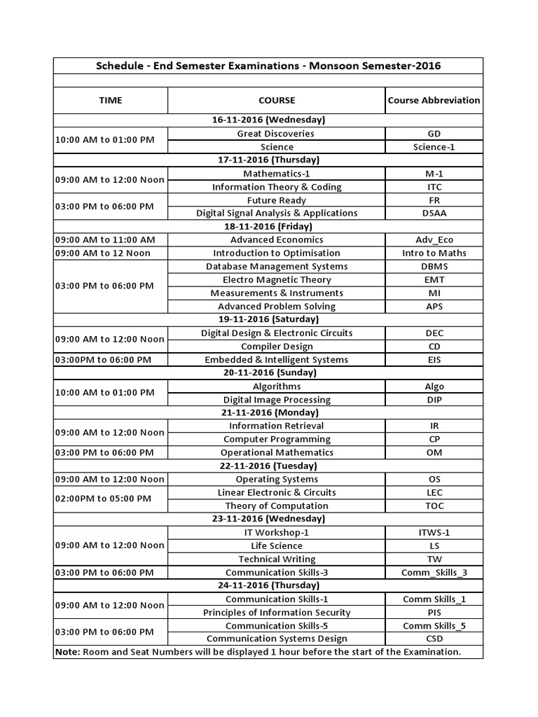 End Semester Exam Schedule 2016 | PDF | Computers