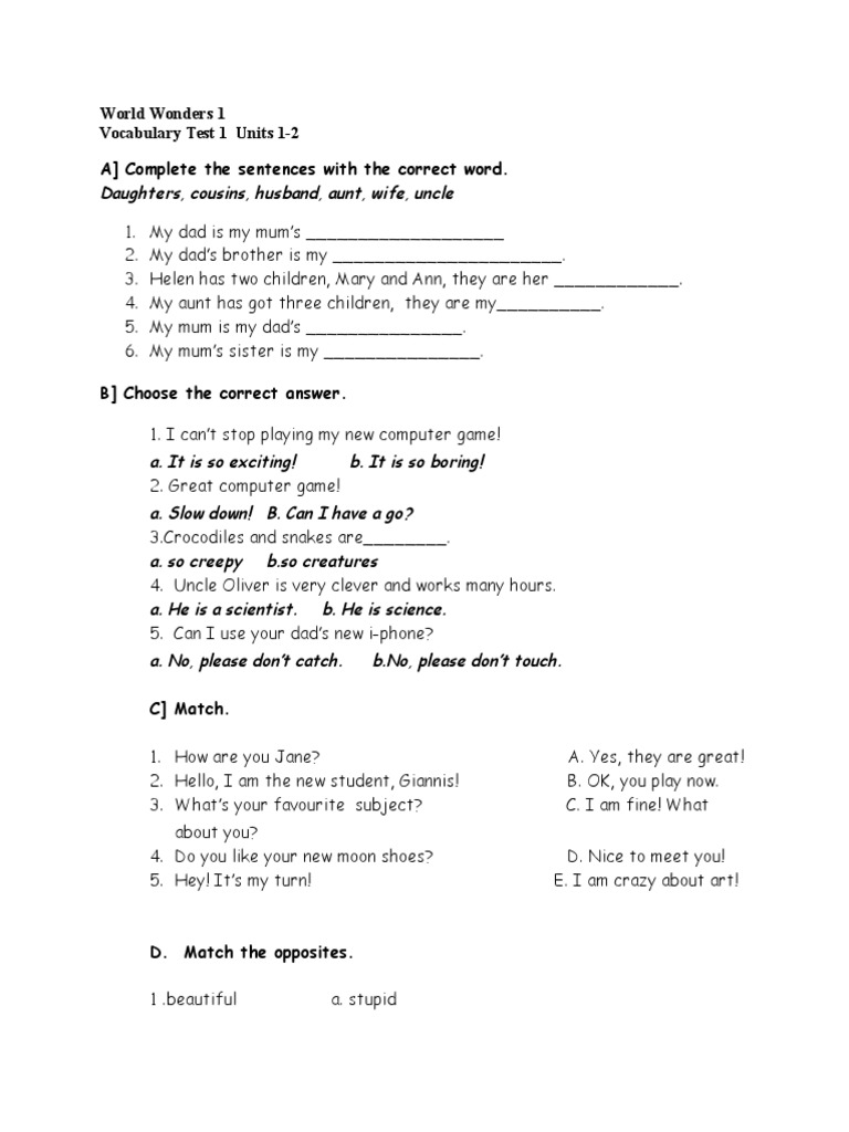 A1 Vocabulary Test Units 1-2 | PDF | Language Arts & Discipline