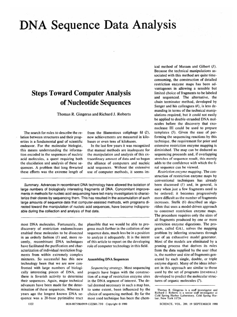 DNA Sequence Data Analysis: Steps Toward Computer Analysis of ...