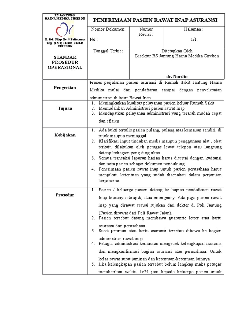 Sop Penerimaan Pasien Rawat Inap Asuransi | PDF | Pengelolaan Keuangan & Uang | Sains & Matematika