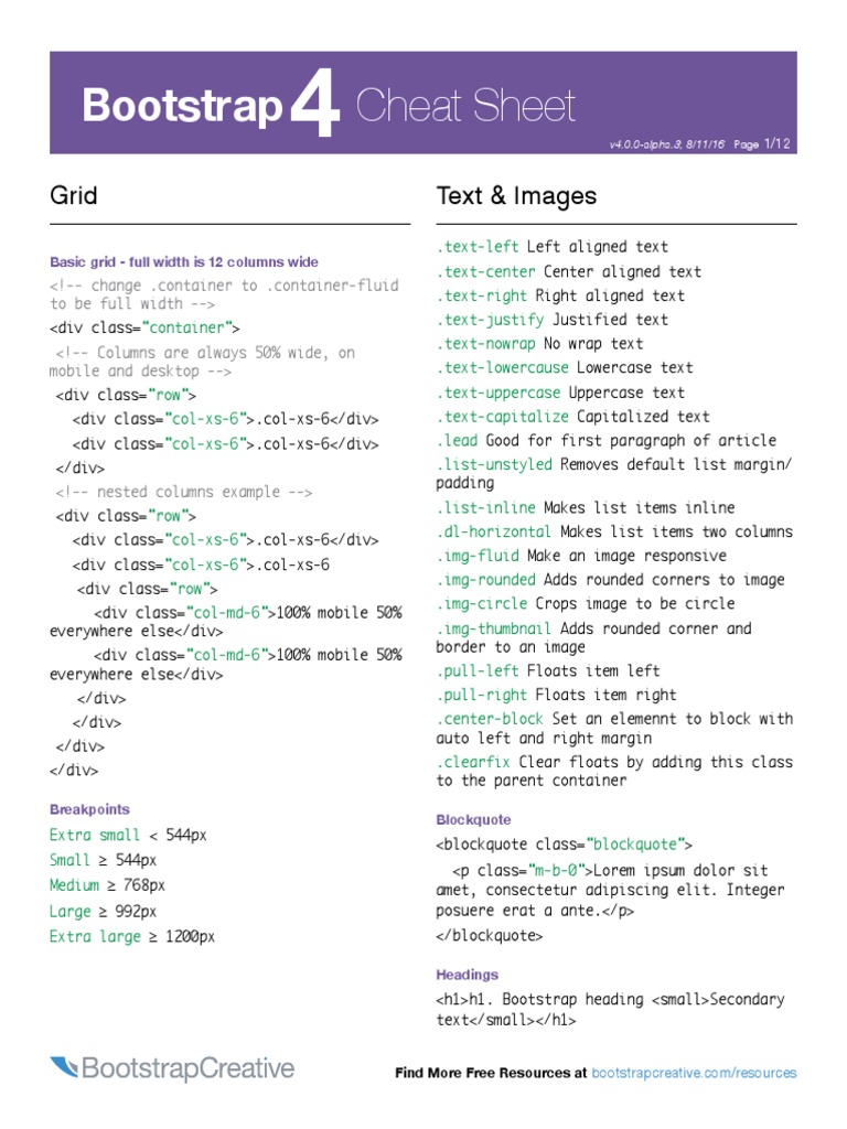 Bootstrap 4 Cheat Sheet BC PDF | Download Free PDF | Computing | Software