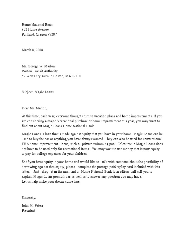 Letter from Home National Bank promoting home equity loans for ...