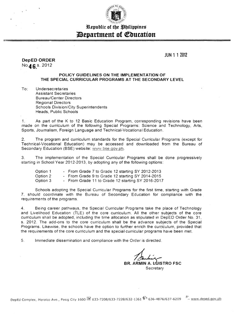 Policy Guidelines On The Implementation of The Special Curricular ...