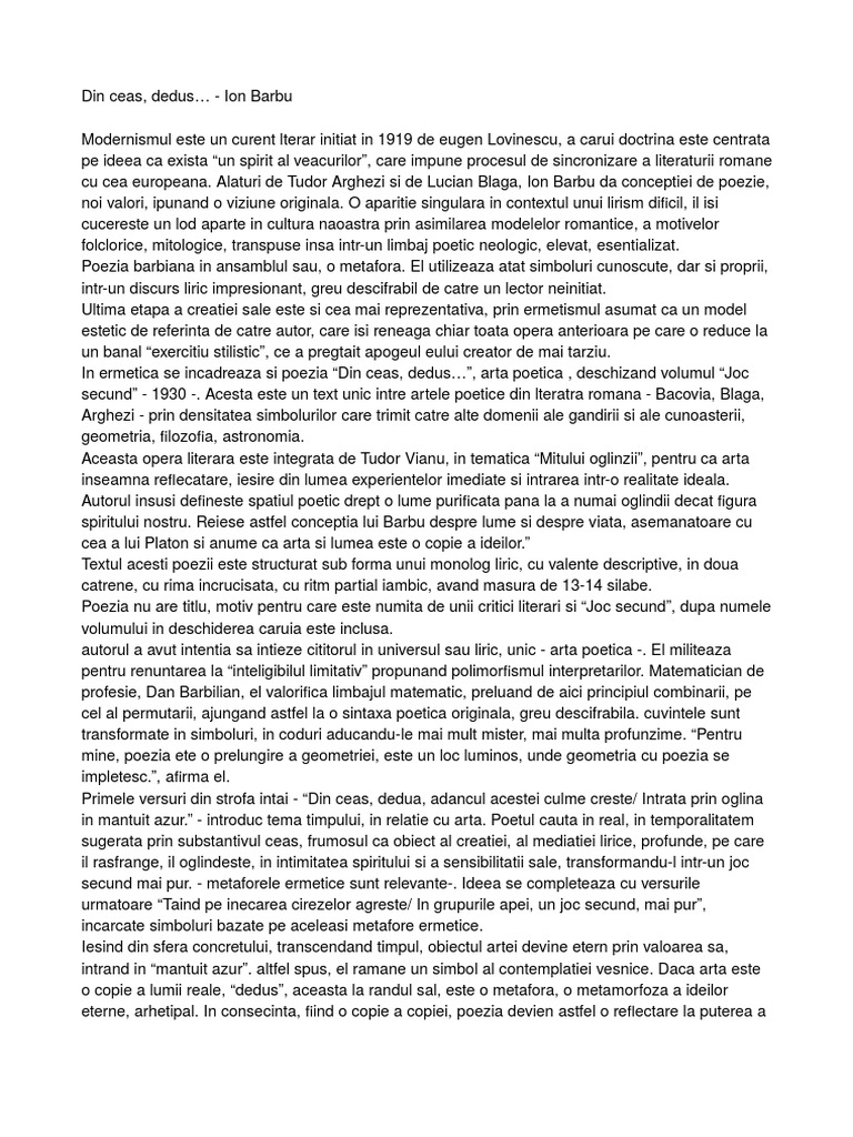 Joc Secund - Ion Barbu | PDF