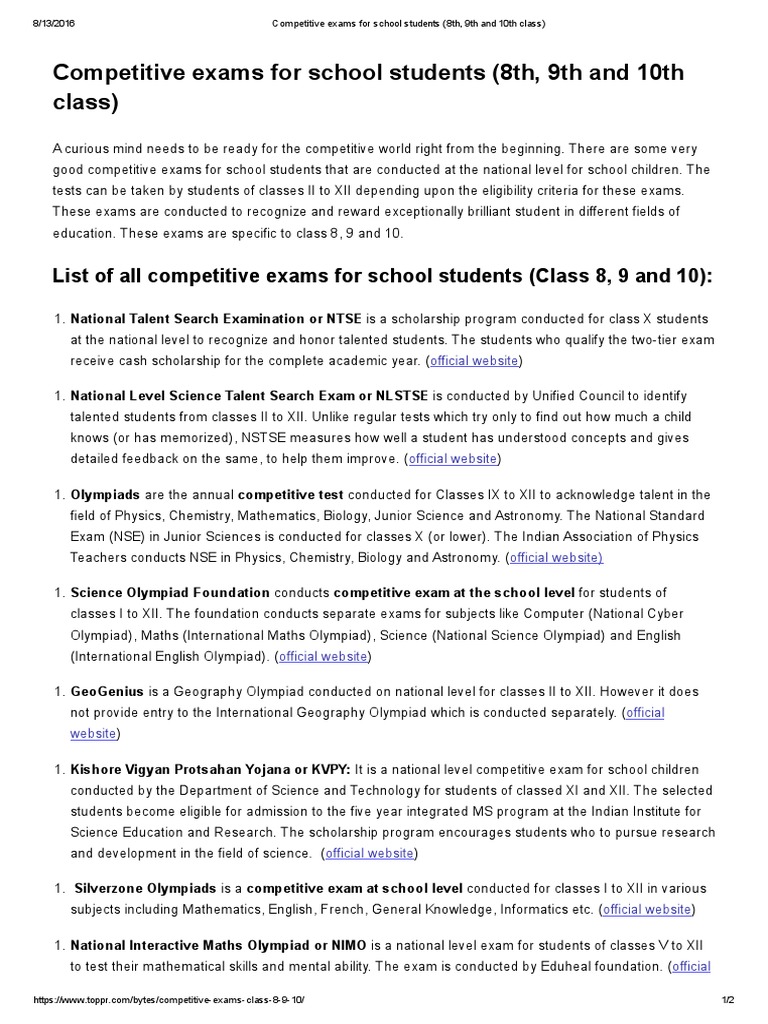 Competitive Exams For School Students (8th, 9th and 10th Class) | PDF ...