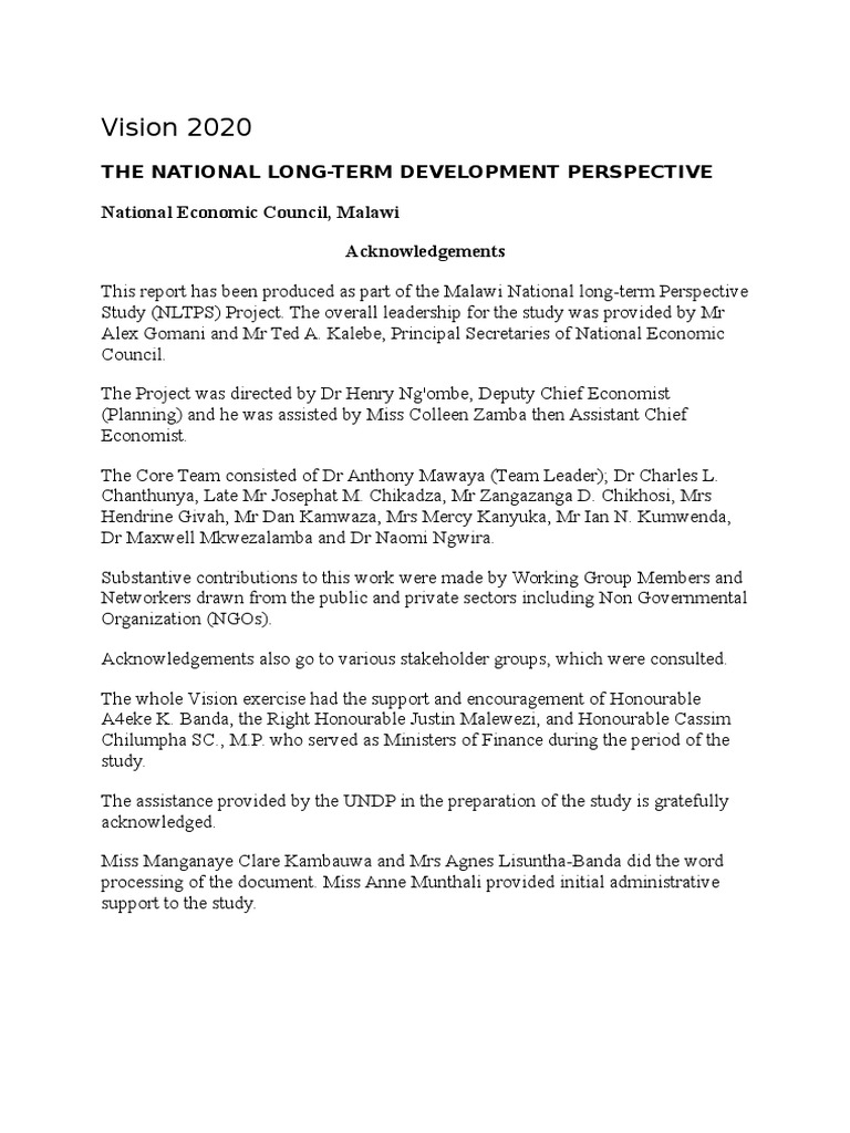 Malawi Vision 2020 Development Plan | PDF | Scenario Planning ...