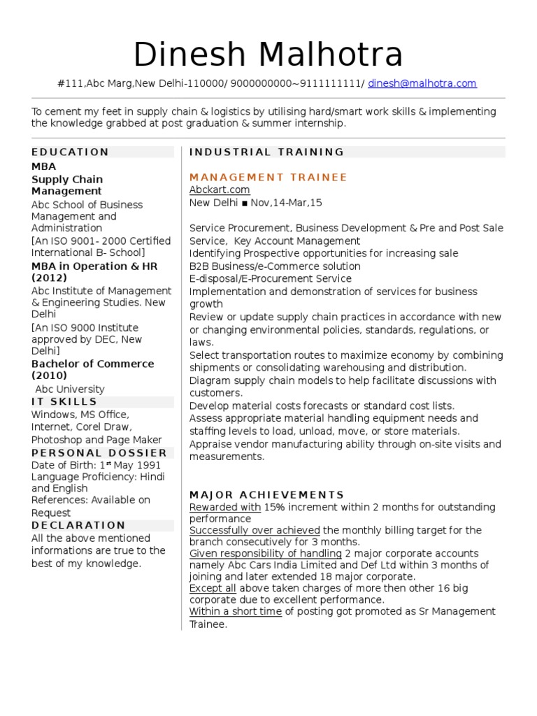 Resume Format For Freshers 4 1 | PDF