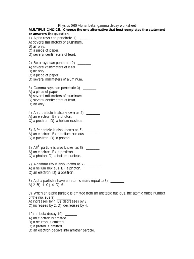 Alpha, Beta, Gamma Decay Worksheet | PDF | Atomic Nucleus | Neutron