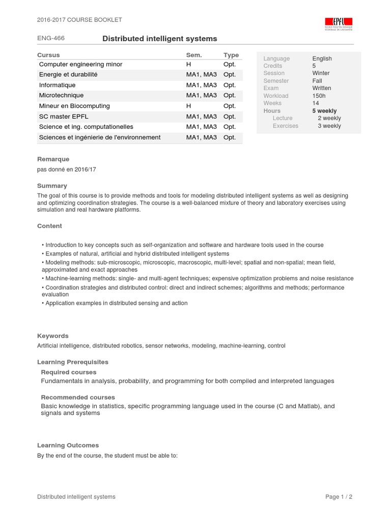 Distributed Intelligent Systems: Cursus Sem. Type | PDF | Artificial ...