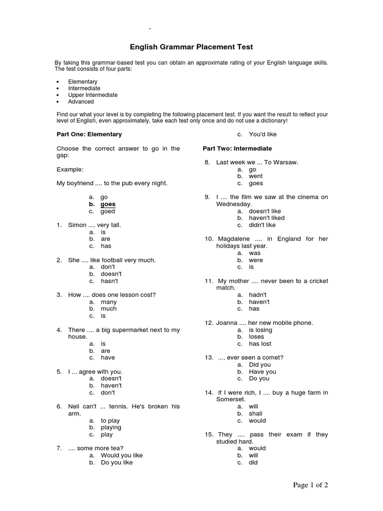 English Grammar Placement Test | PDF