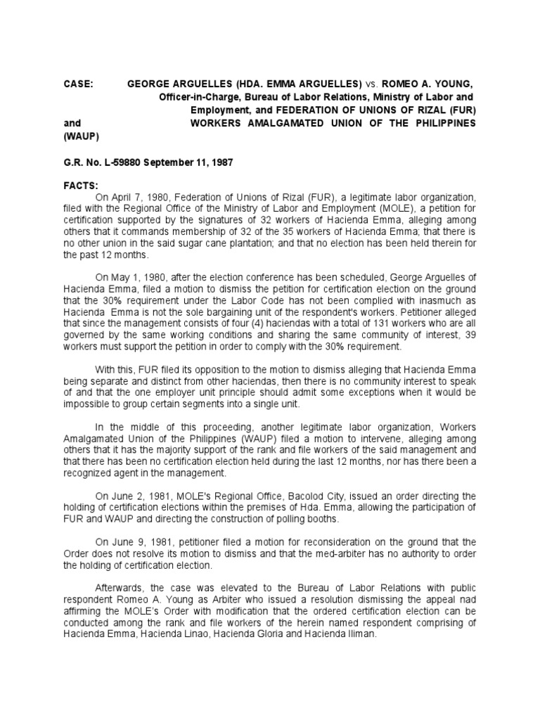 George Arguelles (Hda. Emma Arguelles) vs. Federation of Unions of Rizal (Fur) and Workers ...