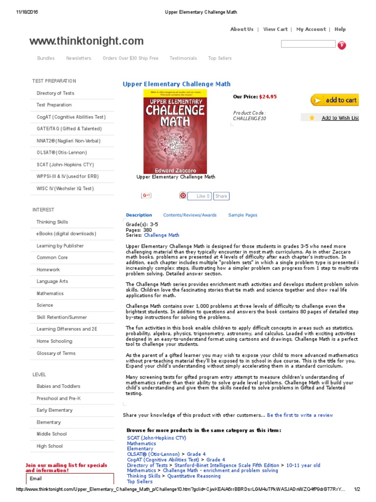 Think Tonight Upper Elementary Challenge Math | PDF | Gifted Education ...