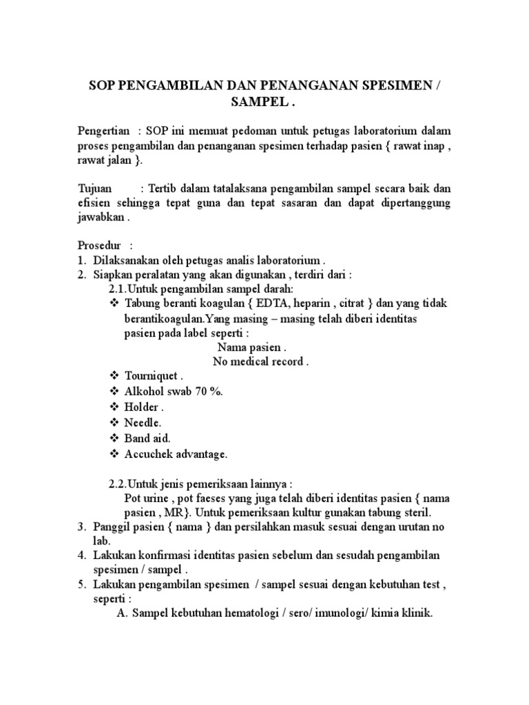 SOP Pengambilan Spesimen | PDF