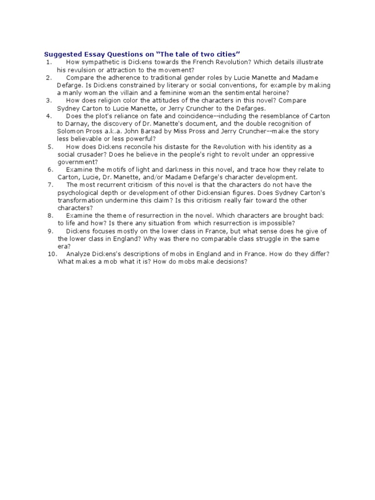 Suggested Essay Questions On "The Tale of Two Cities" | PDF