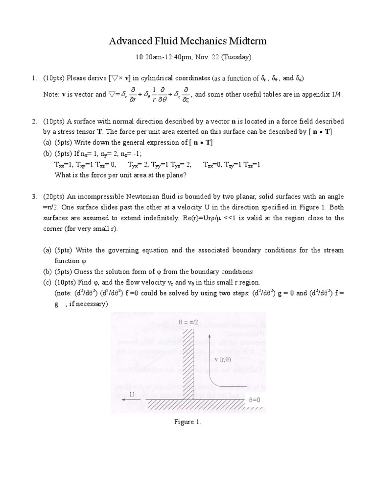 Advanced Fluid Dynamics Midterm Exam | Fluid Mechanics | Fluid Dynamics
