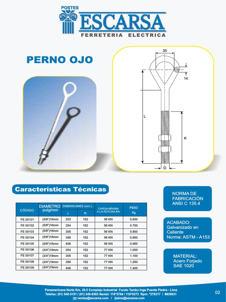 Especificaciones de Pernos de Ojo Galvanizados | PDF