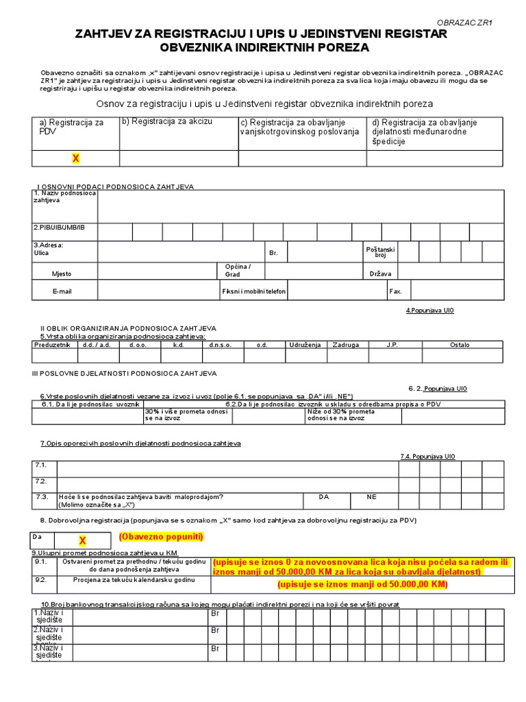 BA Primjer Popunjavanja Obaveznih Polja U Obrascu ZR1 Za Lica Koja Se ...