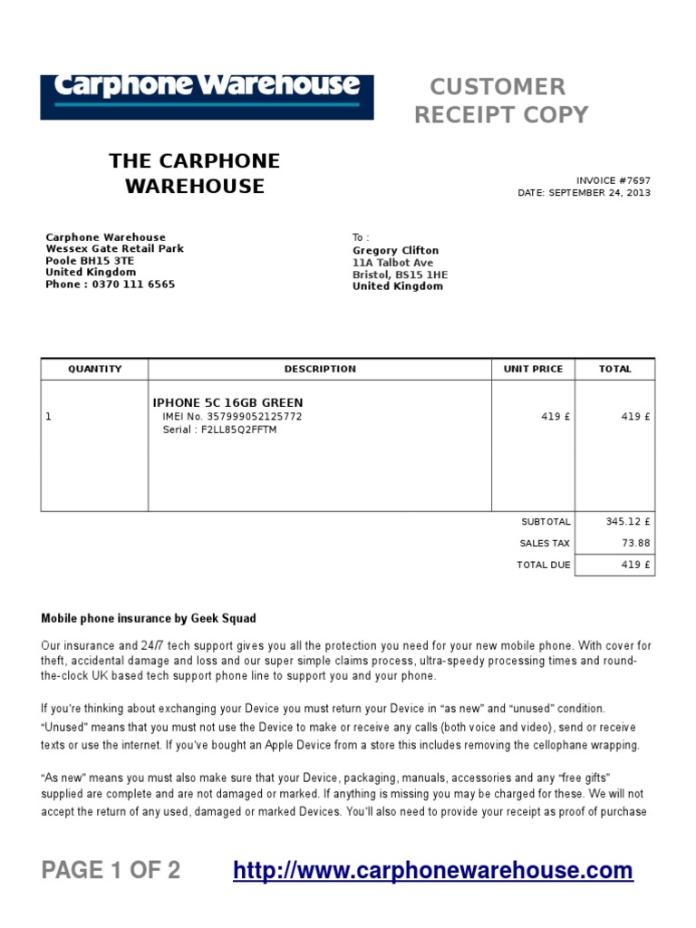 iPhone 5C Purchase Receipt 2013 | PDF | Home & Garden | Technology ...