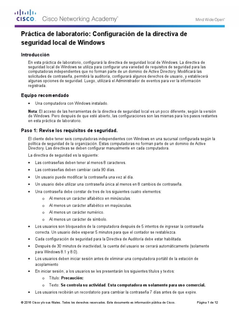 12.2.1.8 Lab - Configure Windows Local Security Policy | PDF | Contraseña | Usuario (informática)