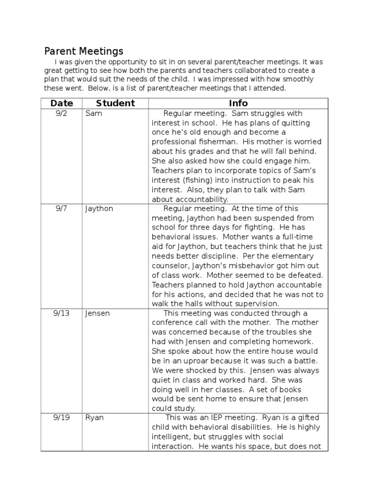 Parent Meetings: Date Student Info | PDF | Individualized Education ...