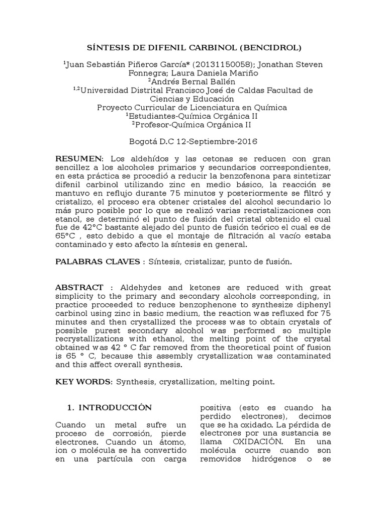 Síntesis de Difenil Carbinol | PDF | Redox | Ácido clorhídrico