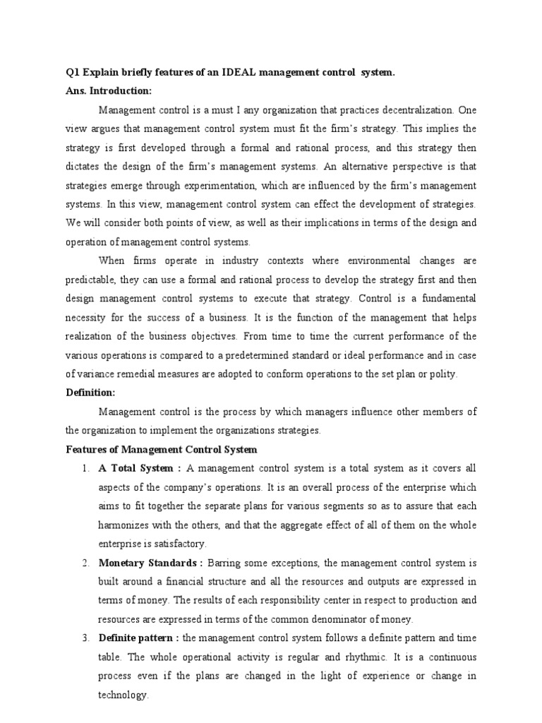Q1 Explain Briefly Features of An IDEAL Management Control System. Ans ...