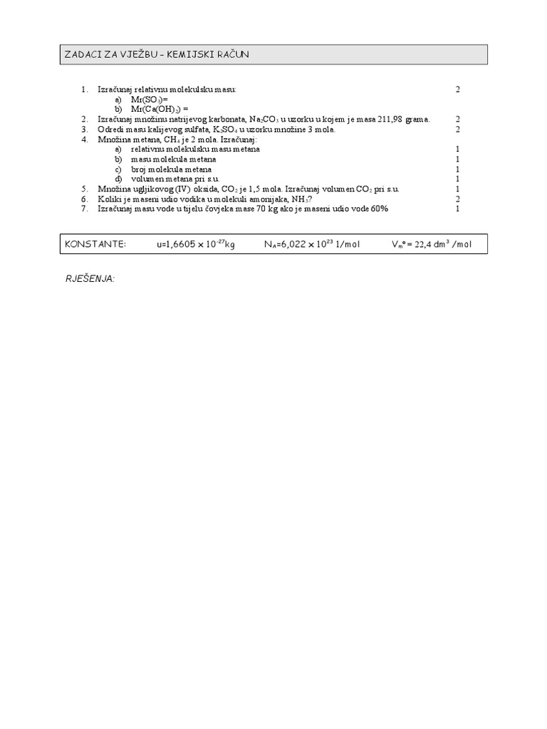 Zadaci Za Vjezbu - Kem. Racun S Rjesenjima 17-03-09 | PDF