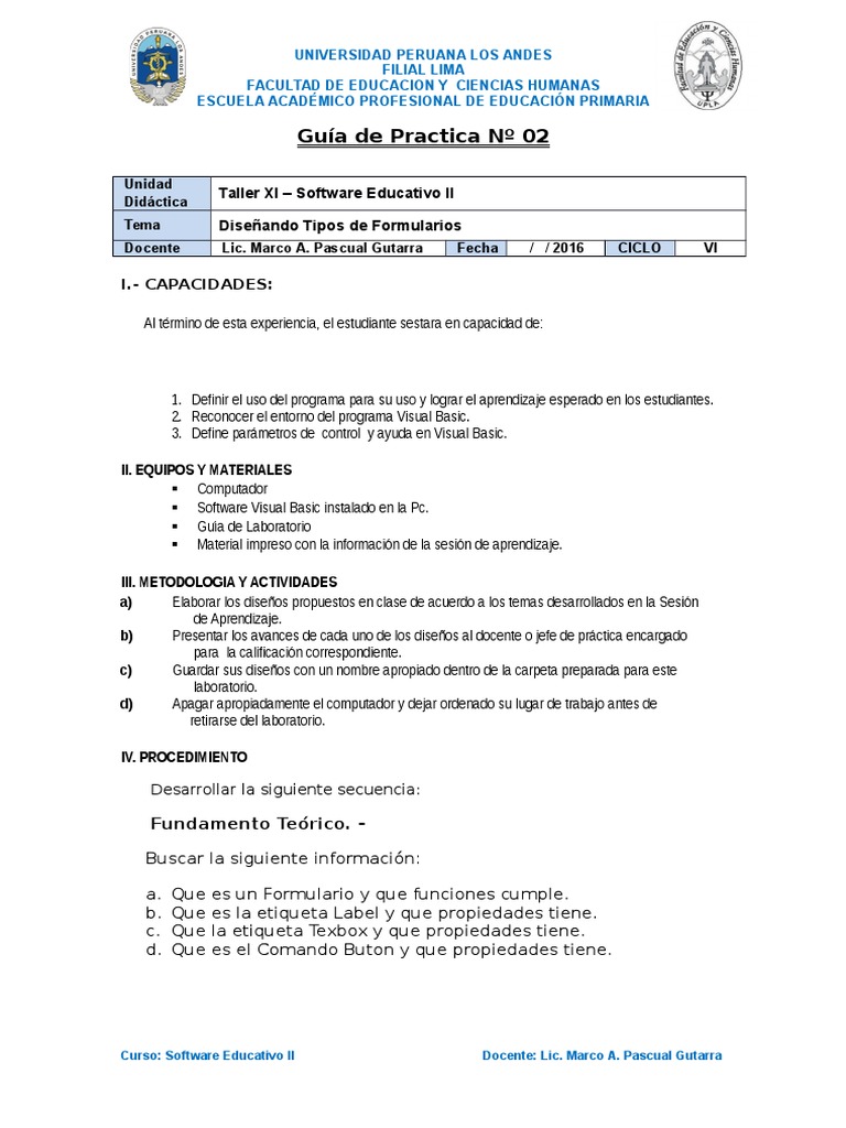 Guia de Practicas #02 - Visual Basic | PDF | Básico | Maestros