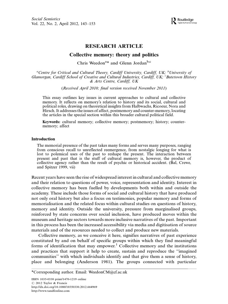 Collective Memory Theory and Politics PDF | PDF | Memory | Narrative